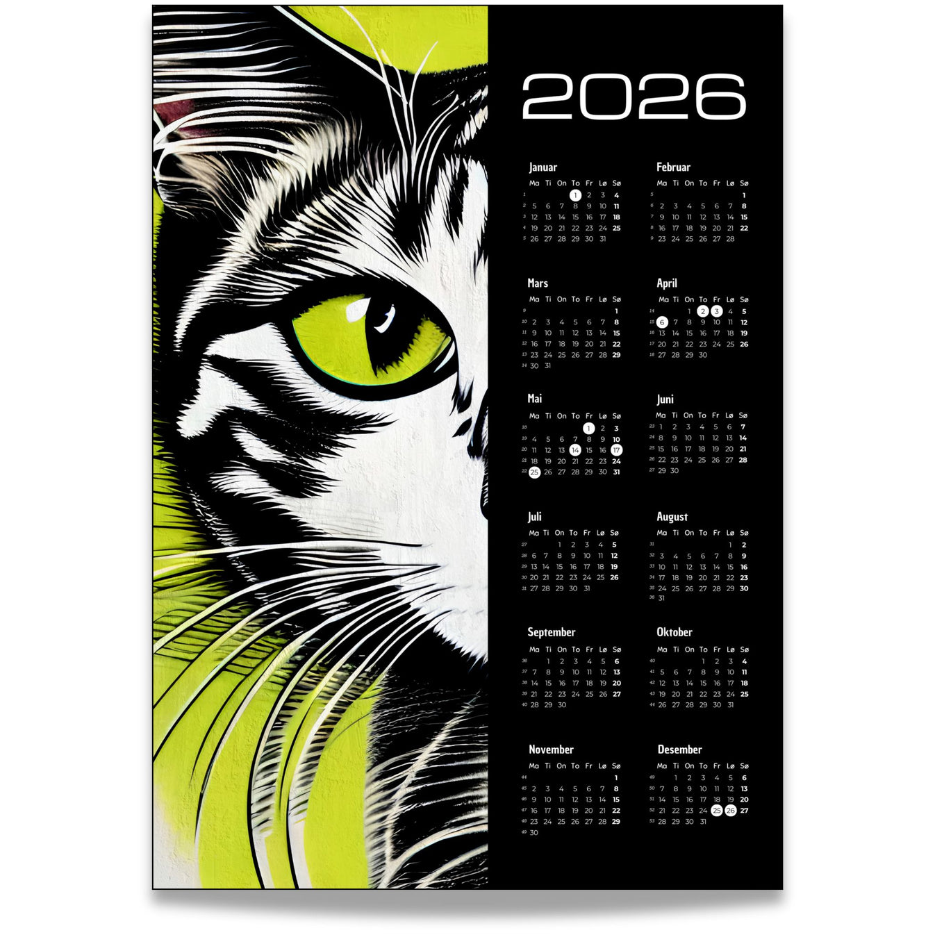 Kalender 2026 – Grafisk katt | Moderne og uttrykksfull – POSTERGALLERIET